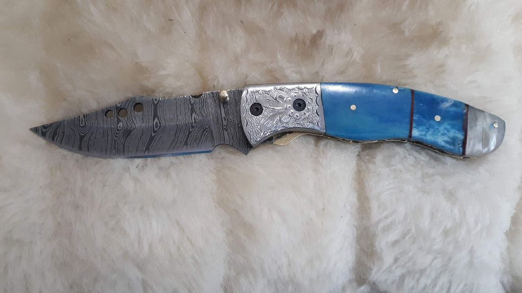 "BLUE BAY" DAMASCUS RAM HORN POCKET KNIFE – Bama Paracord & More