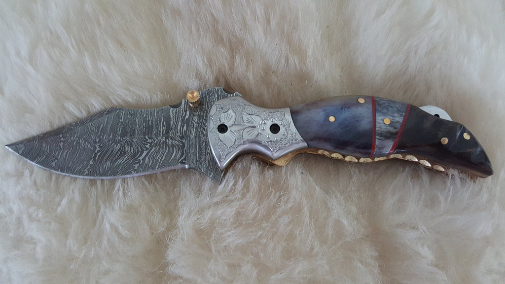 "RATTLE TAIL II" DAMASCUS/CAMEL/SHEEP POCKET KNIFE – Bama Paracord & More