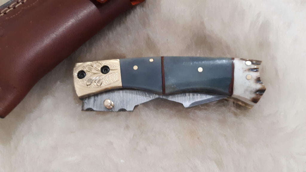 "SPEARHEAD" DAMASCUS/CAMEL/RAM HORN POCKET KNIFE – Bama Paracord & More