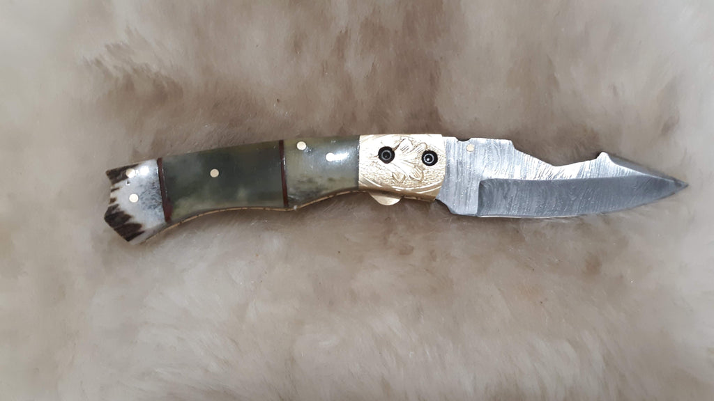 "SPEARHEAD" DAMASCUS/CAMEL/RAM HORN POCKET KNIFE – Bama Paracord & More